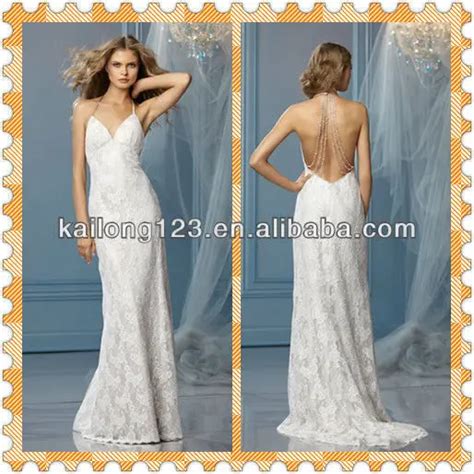 Sexy Spaghetti Straps Jeweled Beads Open Back Sheath Sweep Train Lace