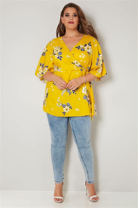 Yours London Yellow Floral Wrap Blouse With Kimono Sleeves Plus Size
