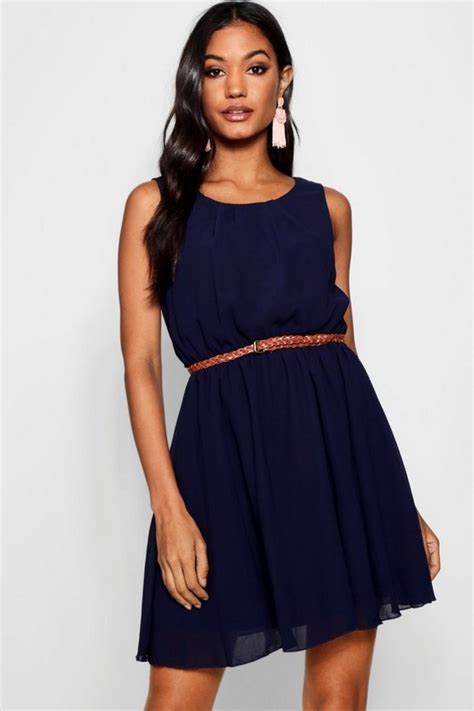 Frankie Sleeveless Chiffon Belted Skater Dress Boohoo