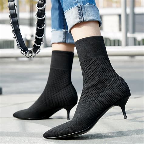 Womens Stretch Knit Black Slip On High Heel Autumn Ankle Boots Brand