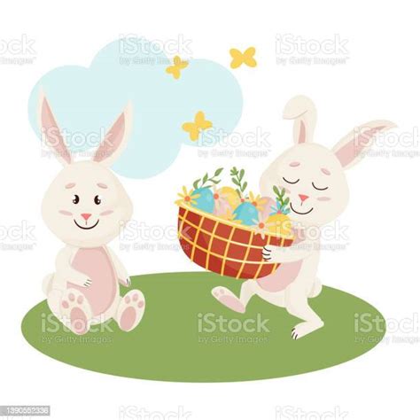 Bunnies Character Sitting On Grass And Laughing Funny Happy Easter