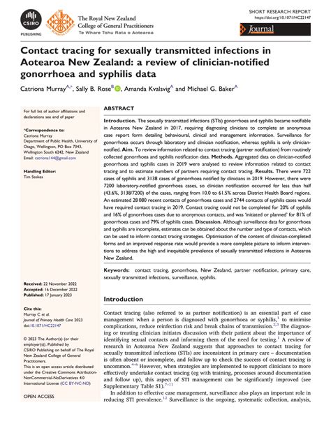 Pdf Contact Tracing For Sexually Transmitted Infections In Aotearoa