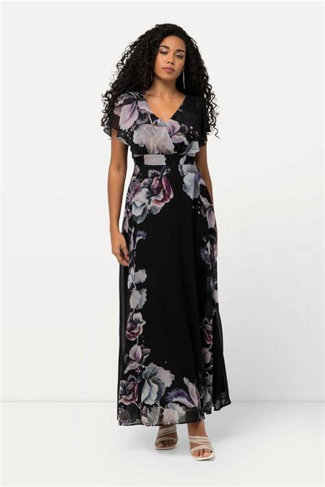 Ulla Popken Abendkleid Maxikleid Chiffon Blüten A Linie V Ausschnitt