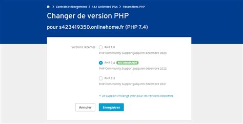 mettre à jour php et résilier le support prolongé php ionos