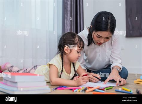 Mom Teaching Her Daughter To Drawing In Art Class Back To School And