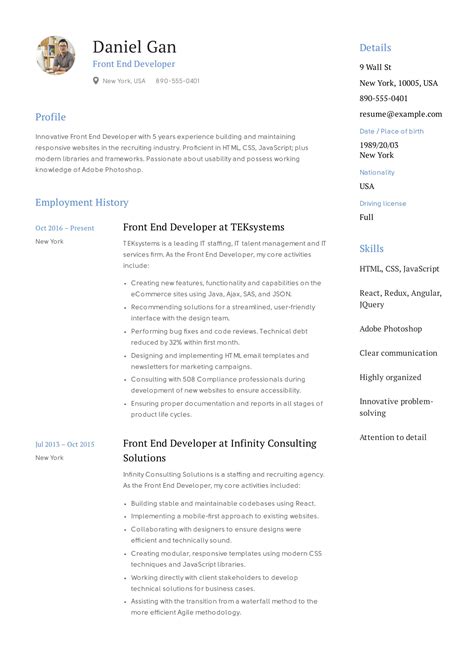 sample resume of front end developer for freshers front