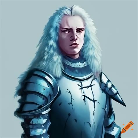 Platinum Blonde Haired Man In Light Blue Fur Armor On Craiyon