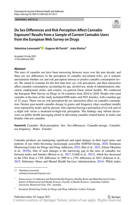 Pdf Do Sex Differences And Risk Perception Affect Cannabis Exposure