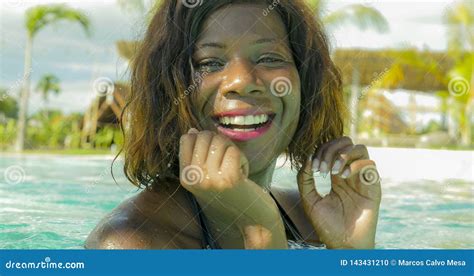 Happy And Beautiful Black Afro American Woman In Bikini Having Fun At