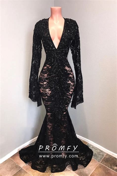 Floral Black See Through Lace Mermaid Prom Dress Promfy