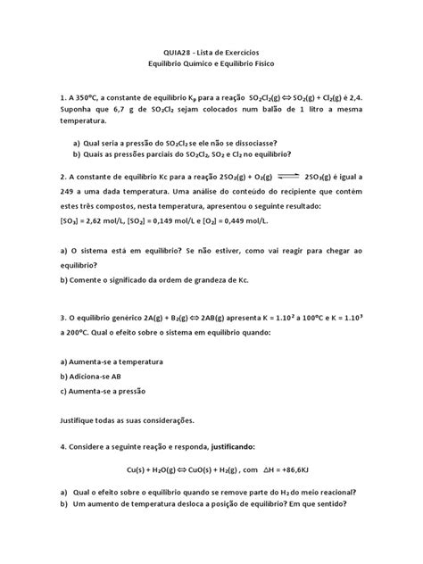 Lista De Exercícios Equilíbrio Pdf Equilíbrio Químico Reações