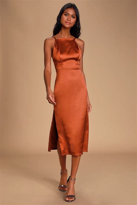Rust Orange Satin Dress Backless Satin Dress Satin Midi Dress Lulus