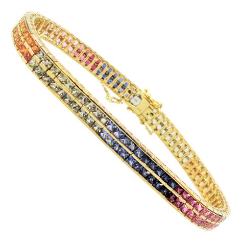 Multi Colored Sapphire Rainbow Bracelet 18 Karat Yellow Gold 11 33