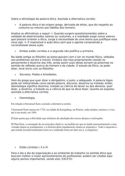 Sobre A Etimologia Da Palavra ética Assinale A Alternativa Correta