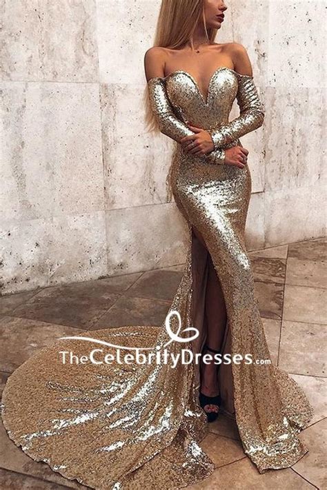 Gold Off The Shoulder Slit Mermaid Prom Dress Thecelebritydresses