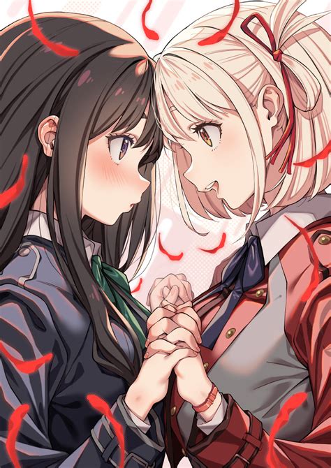 Safebooru 2girls Black Hair Blonde Hair Blush Eye Contact Forehead To