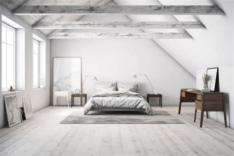 Premium Ai Image White Attic Bedroom With A Wooden Ceiling White