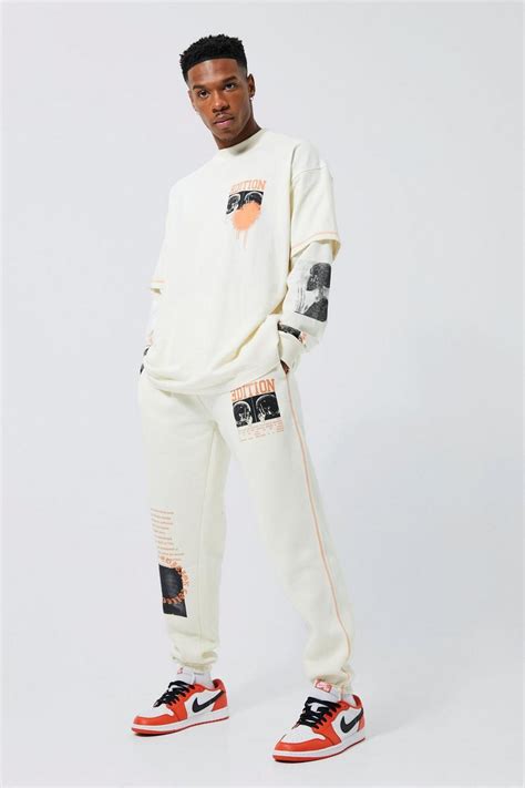 Mens Oversized Contrast Graphic Faux Layer T Shirt Tracksuit Boohoo Uk