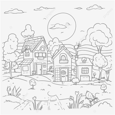 رسم قرية الكرتون الجميلة تلوين الصفحة مع منزل والأشجار مخطط المتجه رسم