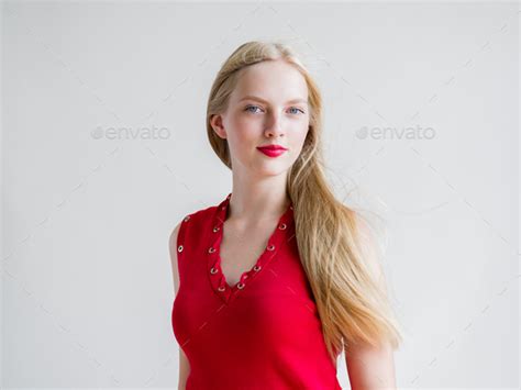Nice Woman In Red Dress Blonde Short Hair Fashion Female Portrait Cute