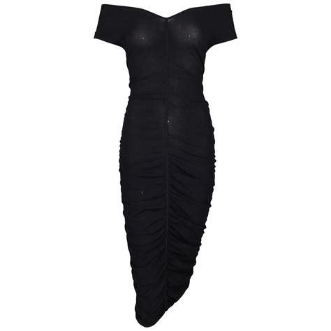 F W 2001 Dolce And Gabbana Semi Sheer Black Ruched Off Shoulder Wiggle