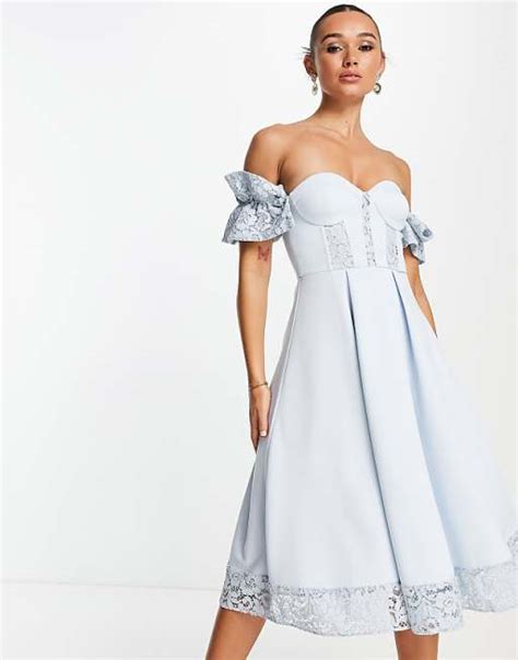 Asos Design Ruffle Sleeve Lace Bardot Midi Prom Dress In Dusky Blue Asos