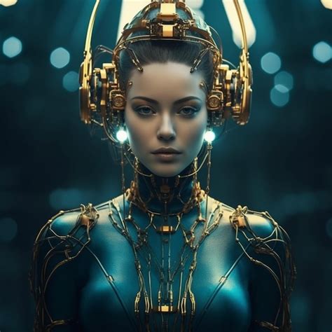 Premium Ai Image Beautiful Futuristic Robotic Woman Head With Gold