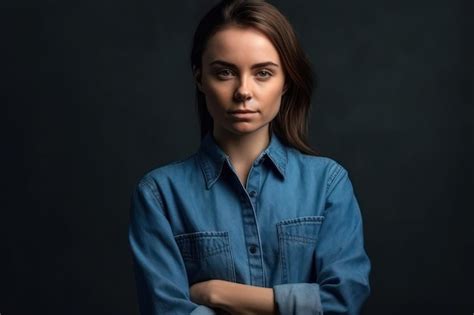Premium Ai Image Serious Woman In Blue Casual Denim Shirt With Arms