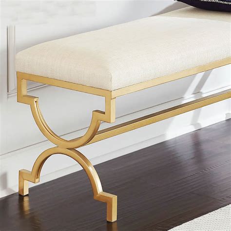 Modern Linen Upholstered Bedroom Bench Gold Metal Frame Ottoman