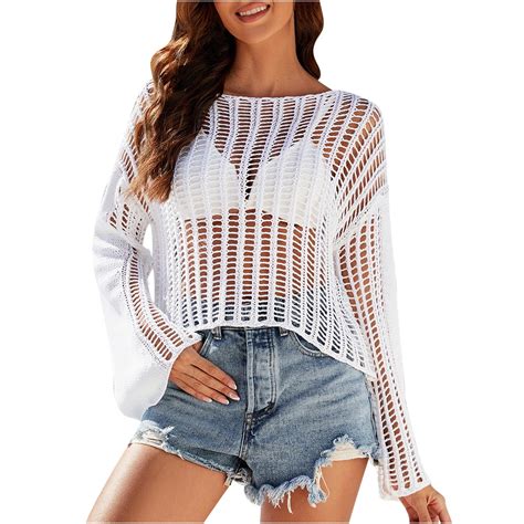 Uyisj Womens Sexy Cover Ups Long Sleeve Crochet Hollow Out Knit Crop