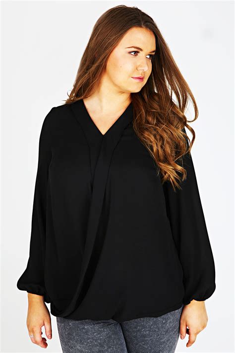 Black Chiffon Wrap Blouse With Long Sleeves Plus Size 16 18 20 22 24 26