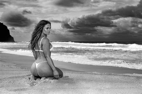 Wallpaper Women Monochrome Ass Bikini Sand Sea Kneeling Back