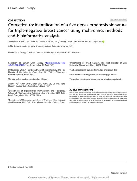 Correction To Identification Of A Five Genes Prognosis Signature For