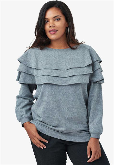 Tiered Ruffle Sweatshirt Plus Size Sweaters Roamans