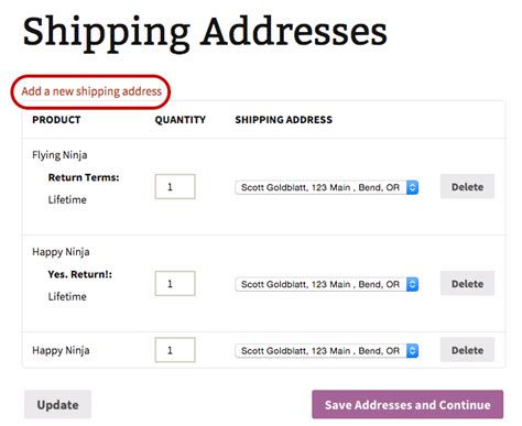 shipping multiple addresses woocommerce docs
