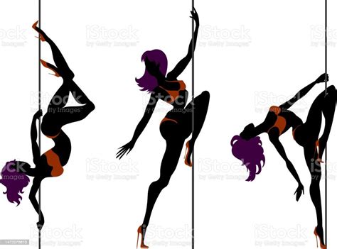 Set Of Black Silhouettes Of Pole Dancer Isolated On White Background