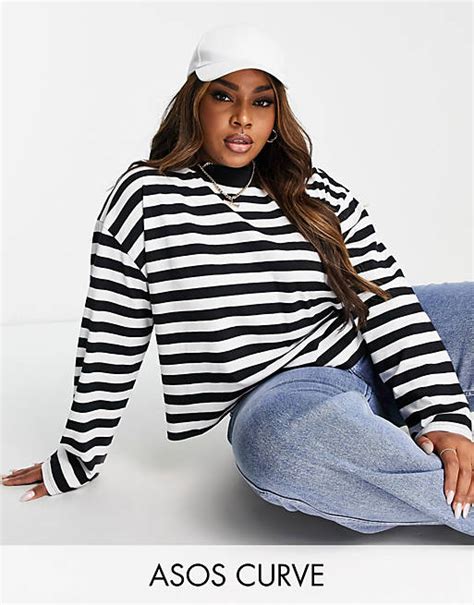 Asos Design Curve High Neck Boxy Long Sleeve Top In Mono Stripe Asos