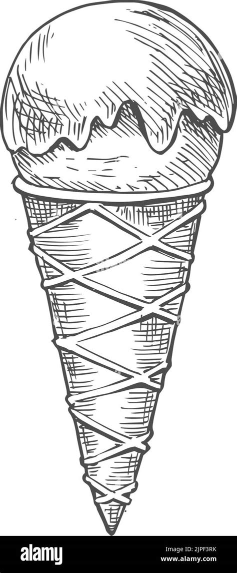 Ice Cream In Waffle Cone Isolated Monochrome Sketch Vector Icecream