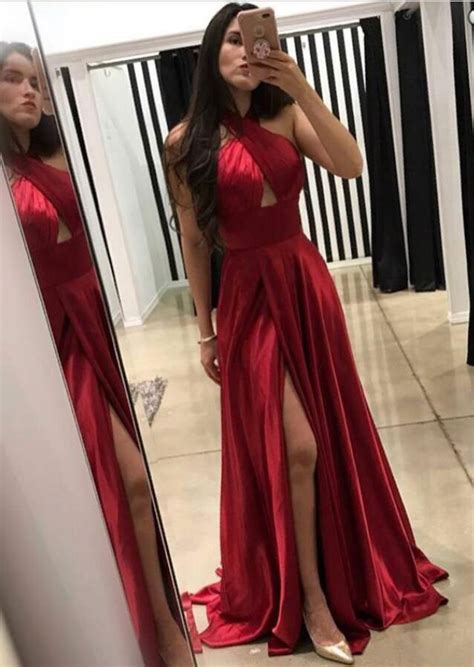 Halter Red Long Prom Dresses Split Side Prom Dress With Heyhole