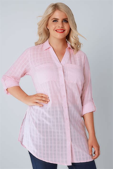 Pink Checked Longline Shirt With Waist Tie Plus Size 16 To 36