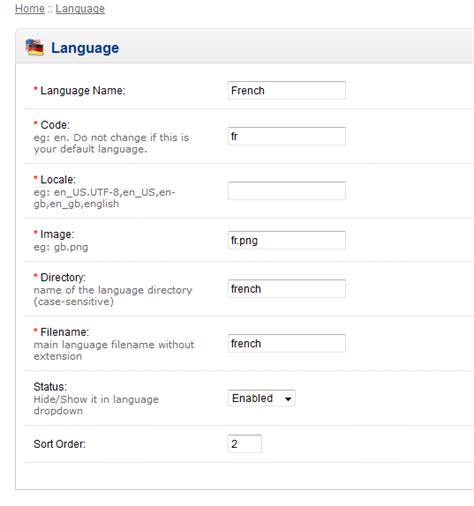 php what is the correct language locale when using opencart stack