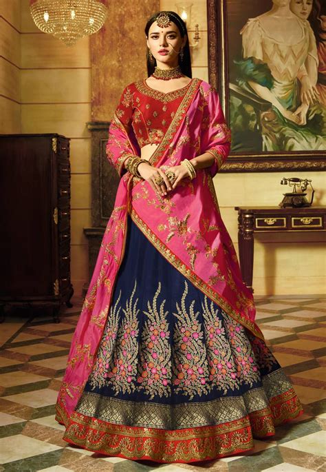 Buy Navy Blue And Pink Banarasi Silk Indian Wedding Lehenga In Uk Usa