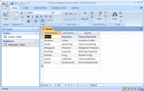 ms access 2007 concatenate first name and last name fields with a