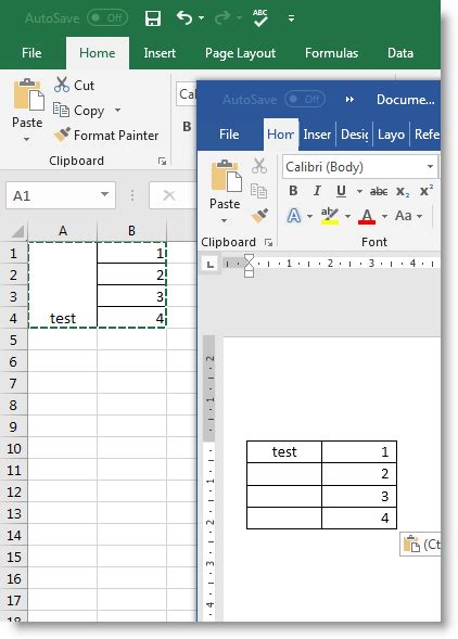 when pasting data copied from excel in word merged cells become