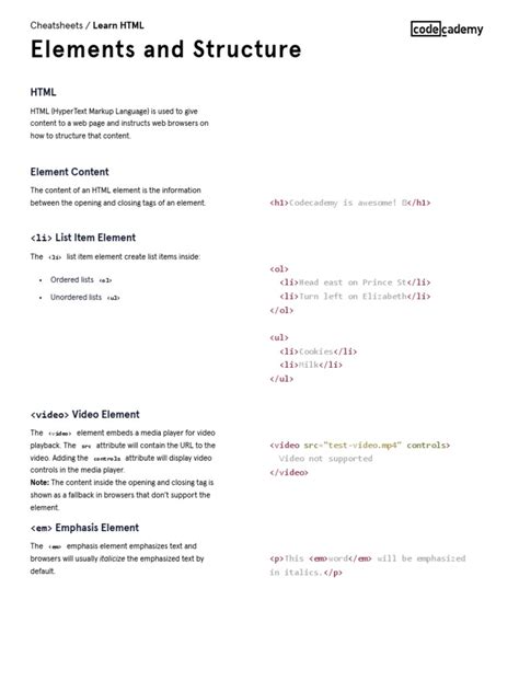 learn html elements and structure cheatsheet codecademy pdf