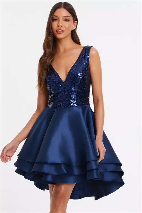 Navy Satin Sequin Mini Skater Dress Quiz Clothing