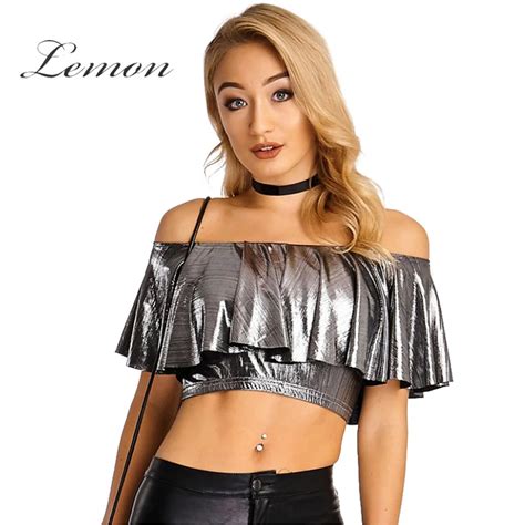 Lemon 2018 New Fashion Sexy Women Crop Top Summer Off Shoulder Ruffles