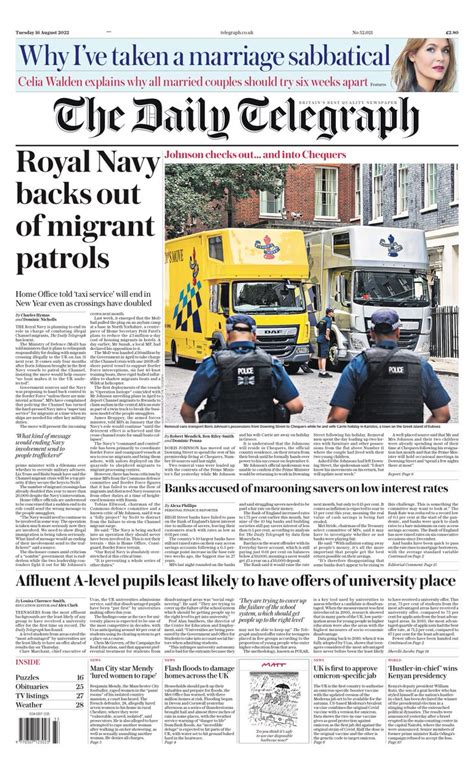 Daily Telegraph Front Page 16th Of August 2022 Tomorrows Papers Today