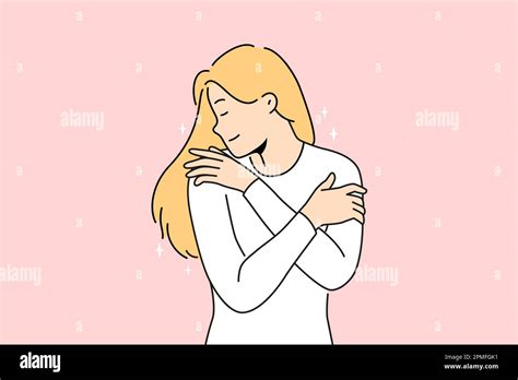 Happy Woman Hug Herself Showing Selflove And Selfcare Smiling Girl