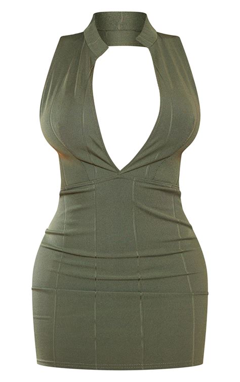 Shape Robe Moulante Bandage Vert Olive Foncé Décolleté Plongeant